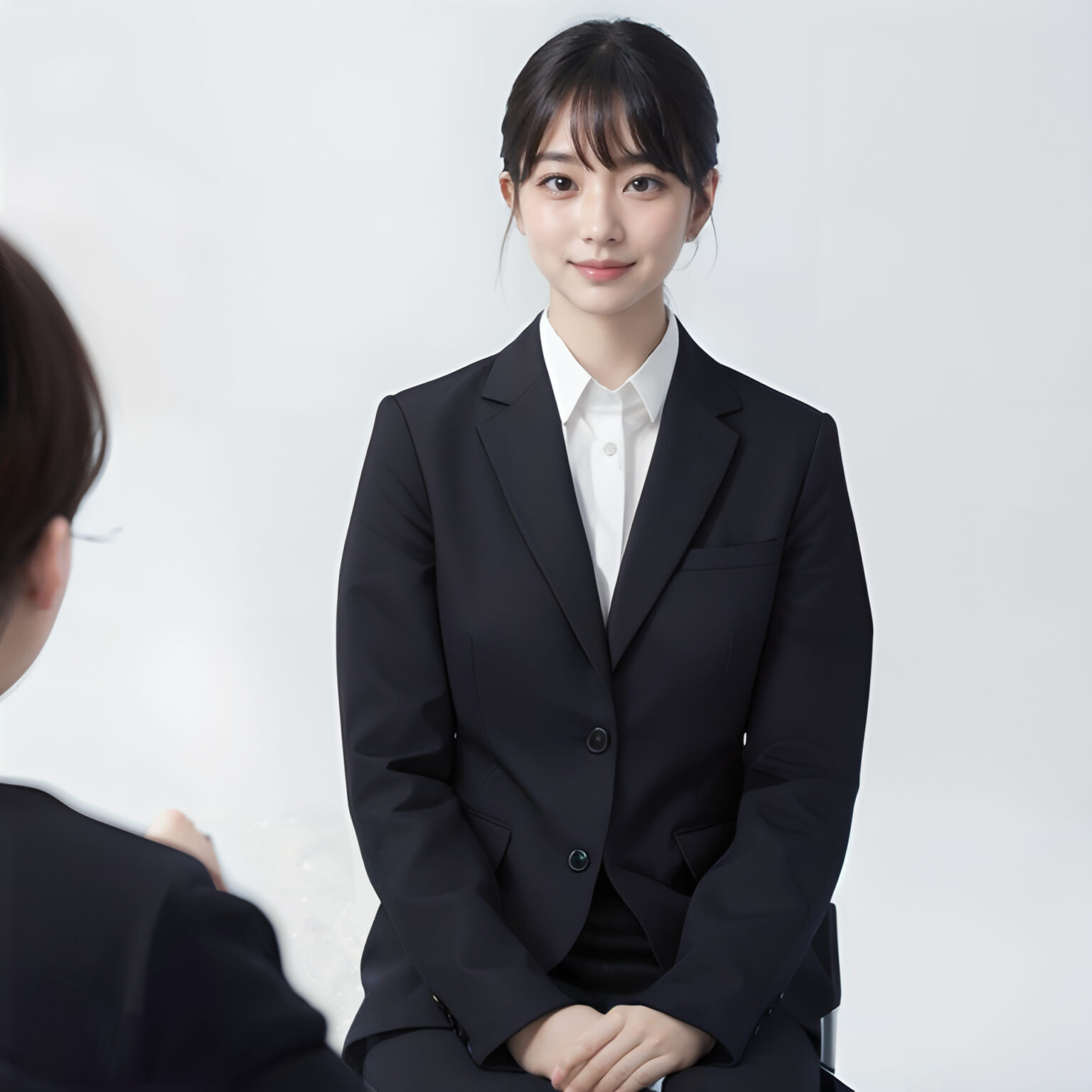 座って面接を受けているリクルートスーツの就活女性[2598998821] - AI美女フリー素材 AIPIX